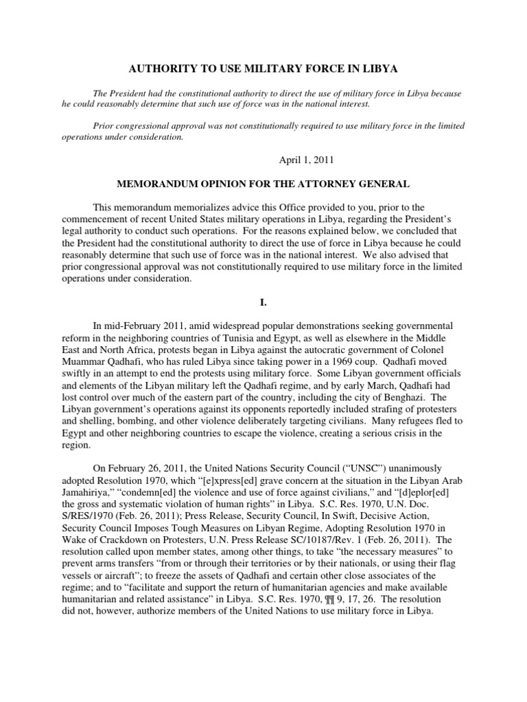 Authority To Use Military Force in Libya - Office of Legal Counsel ...