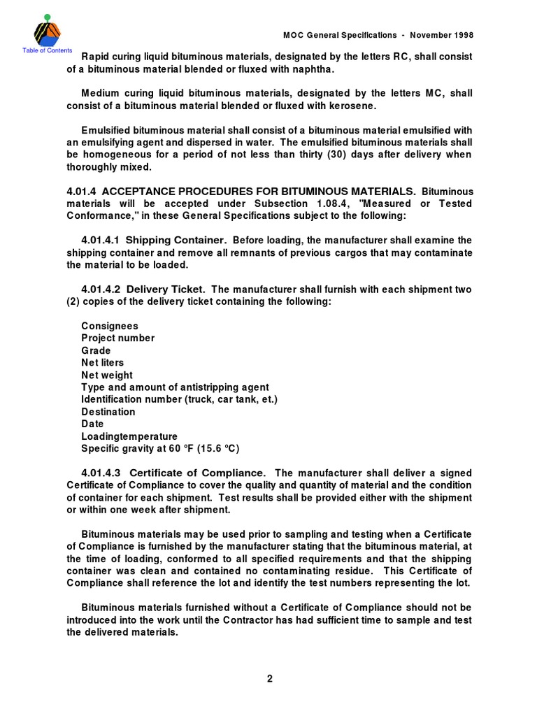 MOC General Specifications - November 1998 | PDF | Asphalt | Chemistry