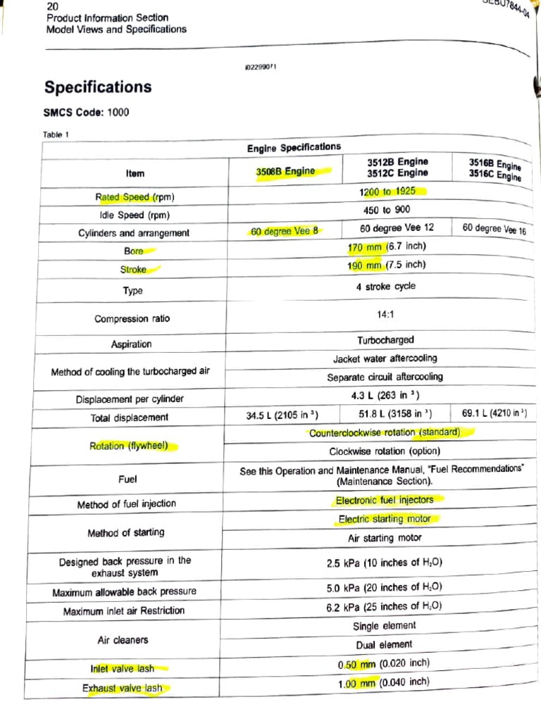 Product Specifications and Maintenance Procedures for Caterpillar 3512B ...