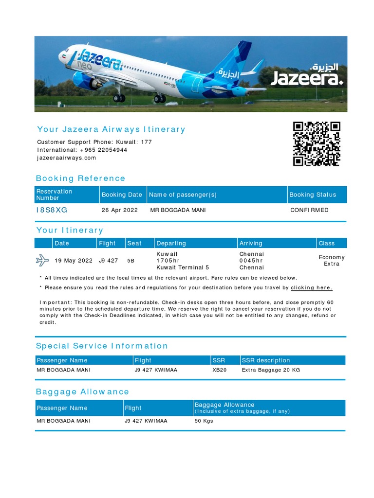 Your Jazeera Airways Itinerary: I8S8XG | PDF | Payments | Aviation