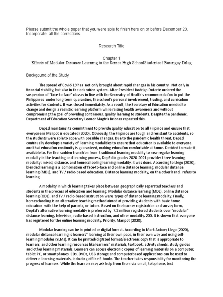 Effects of Modular Distance Learning To The Senior High ...