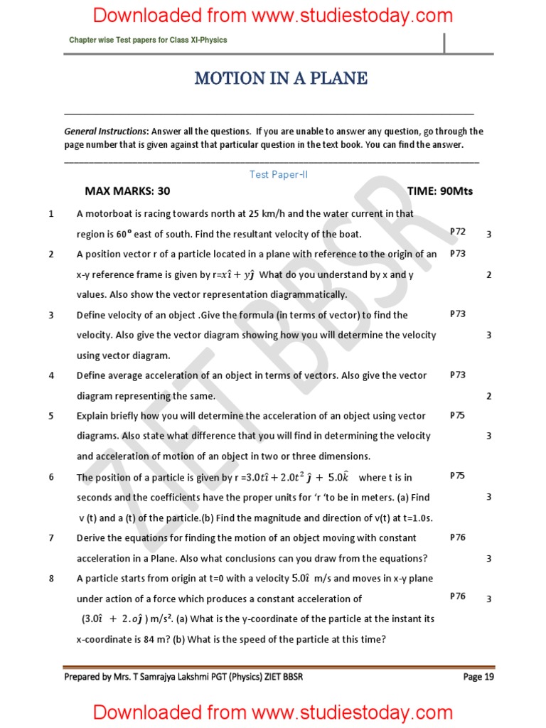 CBSE Class 11 Physics Motion in A Plane Worksheet Set B | PDF ...