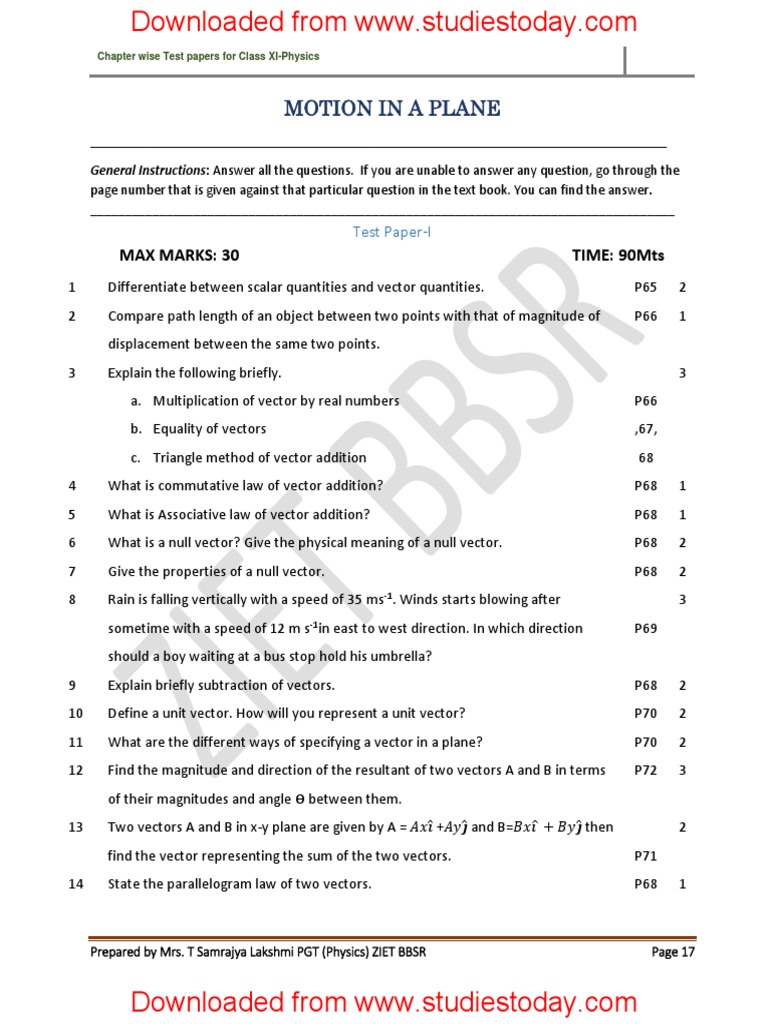 CBSE Class 11 Physics Motion in A Plane Worksheet Set A | PDF ...
