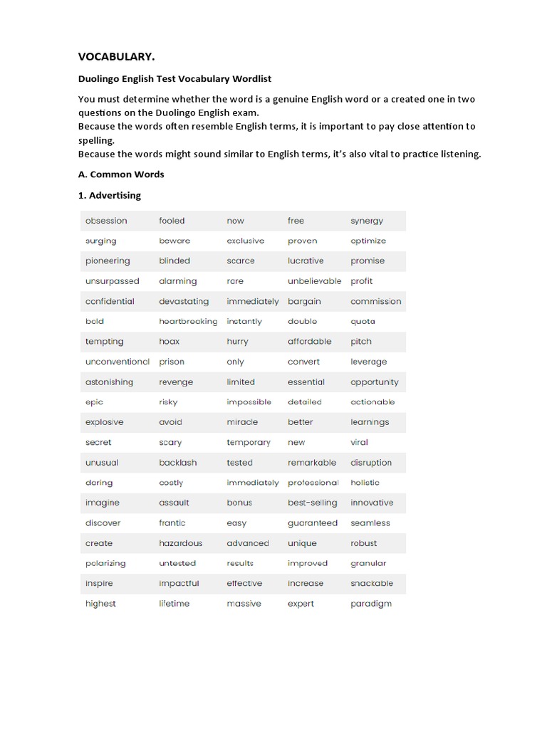 Vocabulary.: Duolingo English Test Vocabulary Wordlist | PDF | English ...