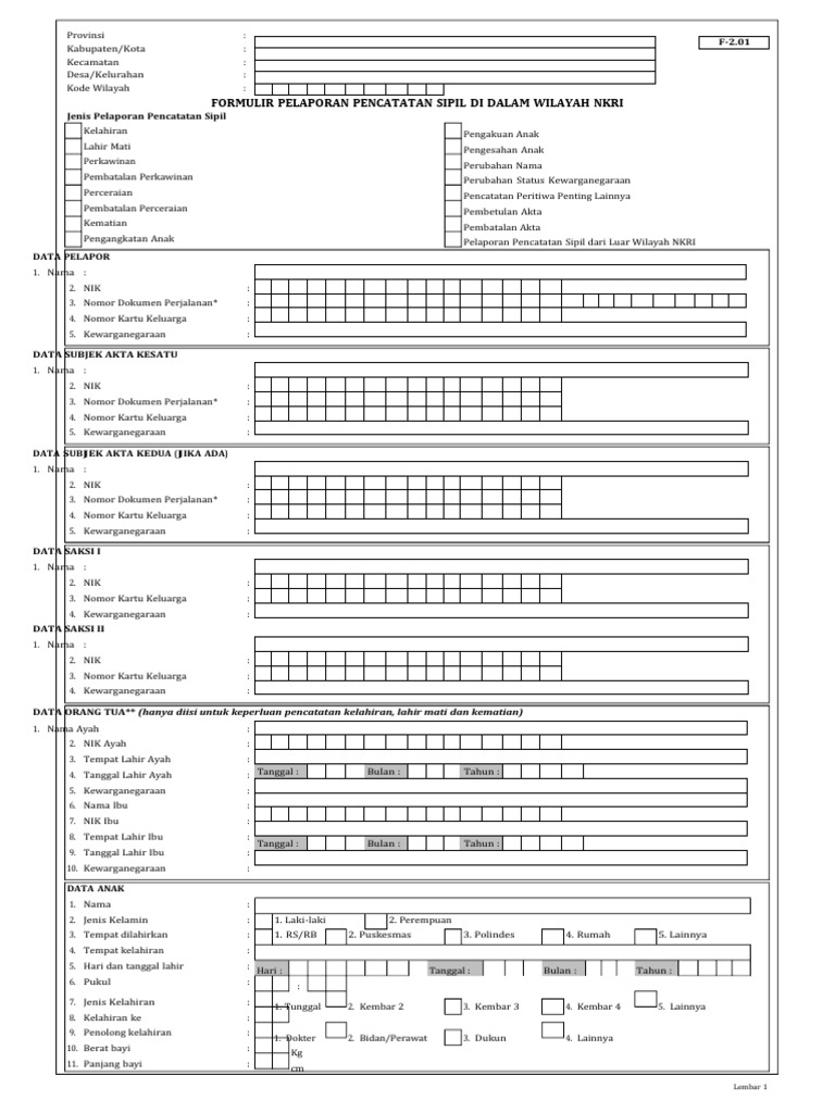 F-2.01-Formulir Pelaporan Pencatatan Sipil Di Wilayah Nkri | PDF