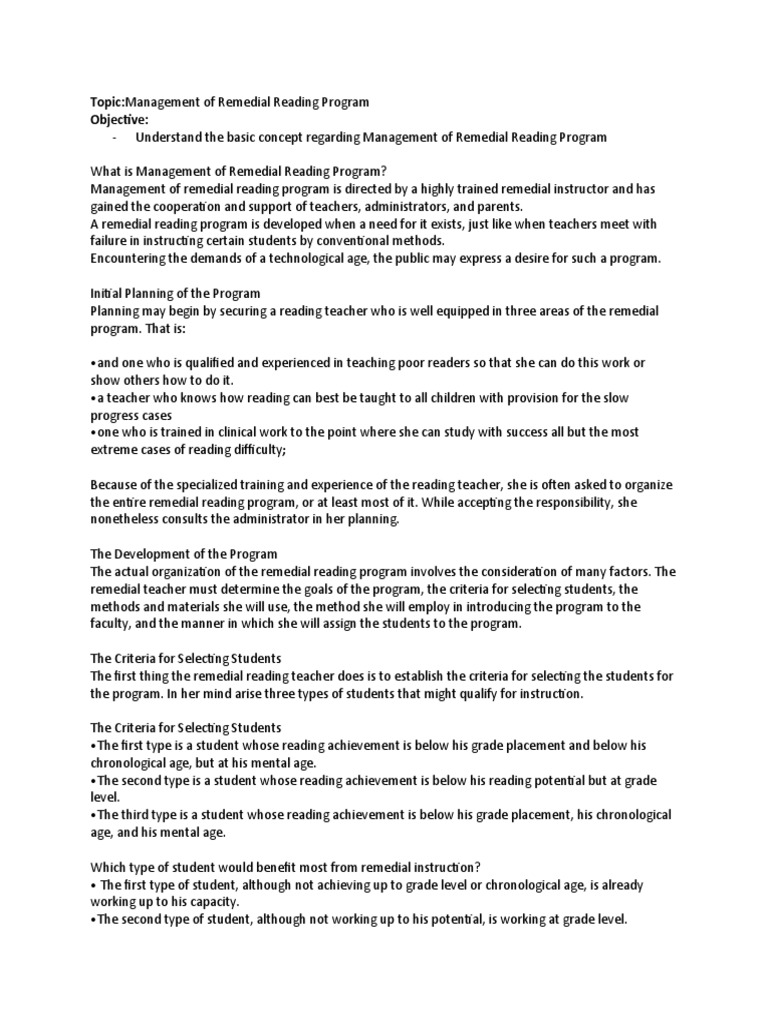 Topic:Management of Remedial Reading Program Objective | PDF | Teachers ...