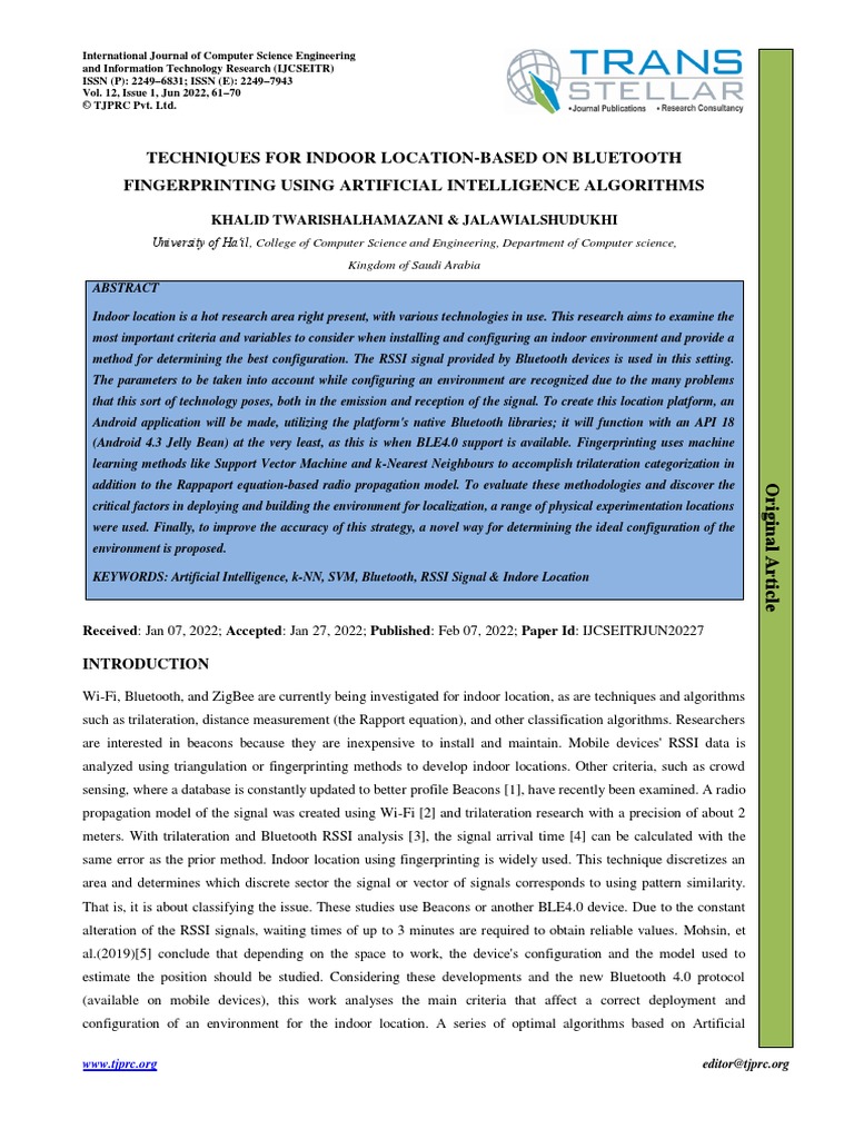Techniques For Indoor Location-Based On Bluetooth Fingerprinting Using Artificial Intelligence ...