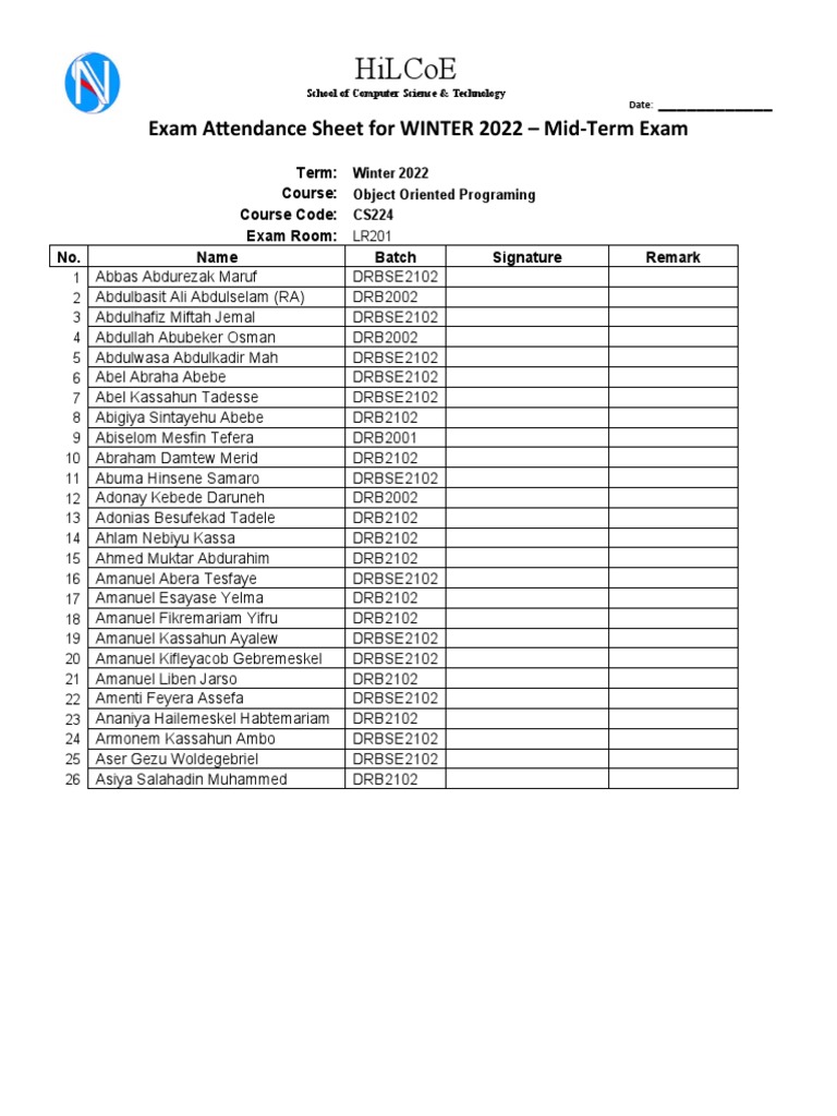 Mid-Term Exam Attendance - CS224 | PDF