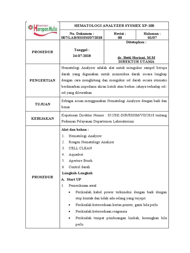 SOP Hematology Analyser Sysmex XP 100 | PDF