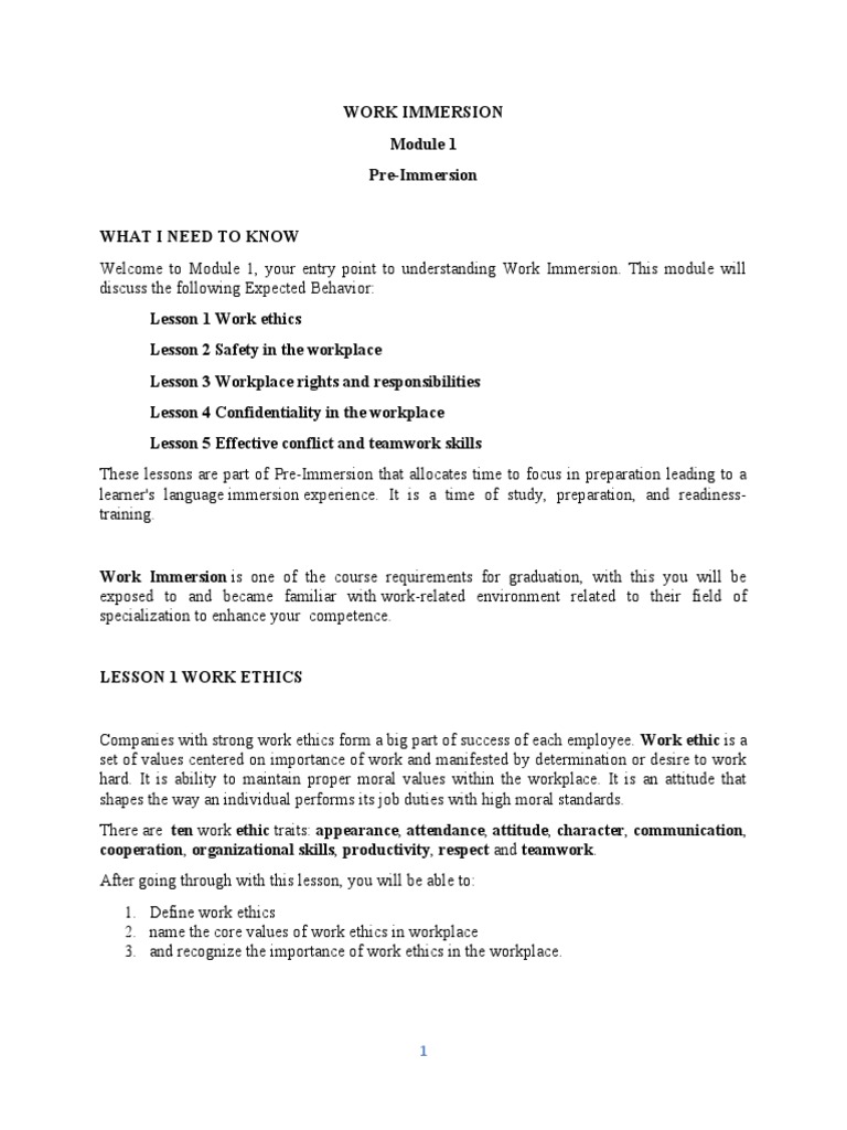 Work Immersion Lesson 1 and 2 For Printing | PDF | Personal Protective ...