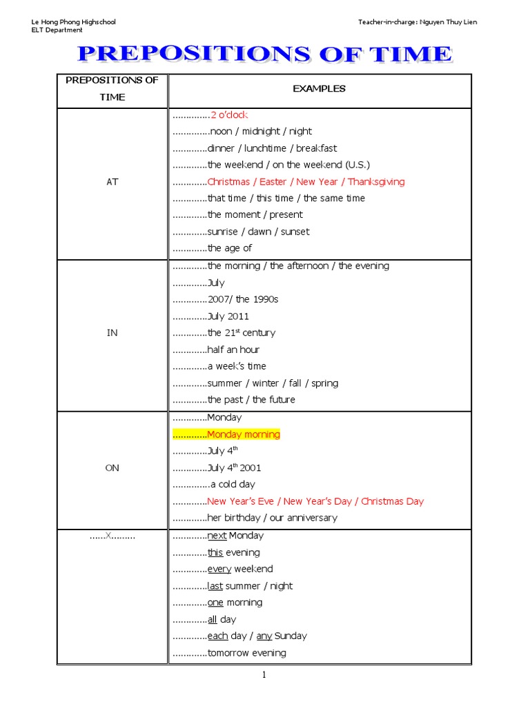 Prepositions of Time Exercises | PDF | Workweek And Weekend