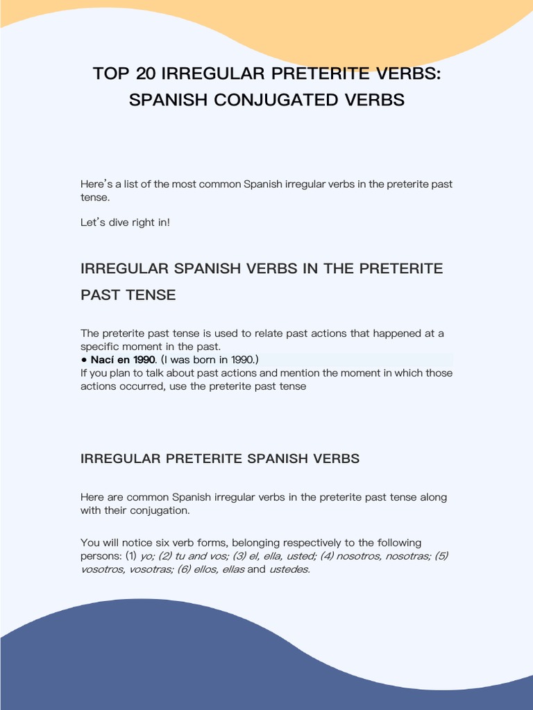 Top 20 Irregular Preterite Verbs | PDF