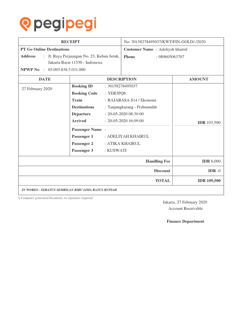 In Words: Seratus Sembilan Ribu Lima Ratus Rupiah: ) Computer Generated ...