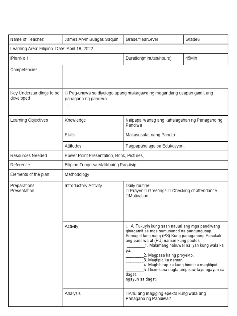 Jsaquin - Panagano NG Pandiwa Iplan-1 | PDF