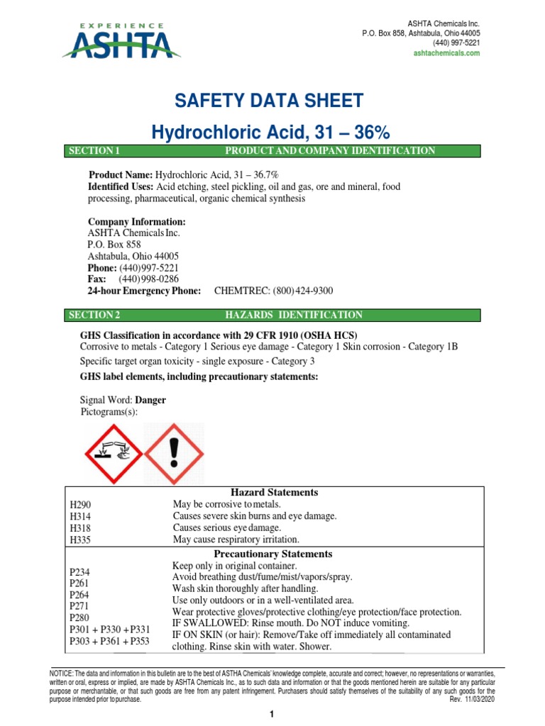 Safety Data Sheet Hydrochloric Acid, 31 - 36%: Section 1 Product and ...