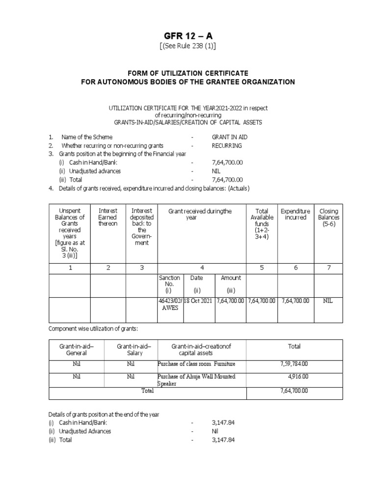 Utilization Certificate | PDF | Audit | Internal Control