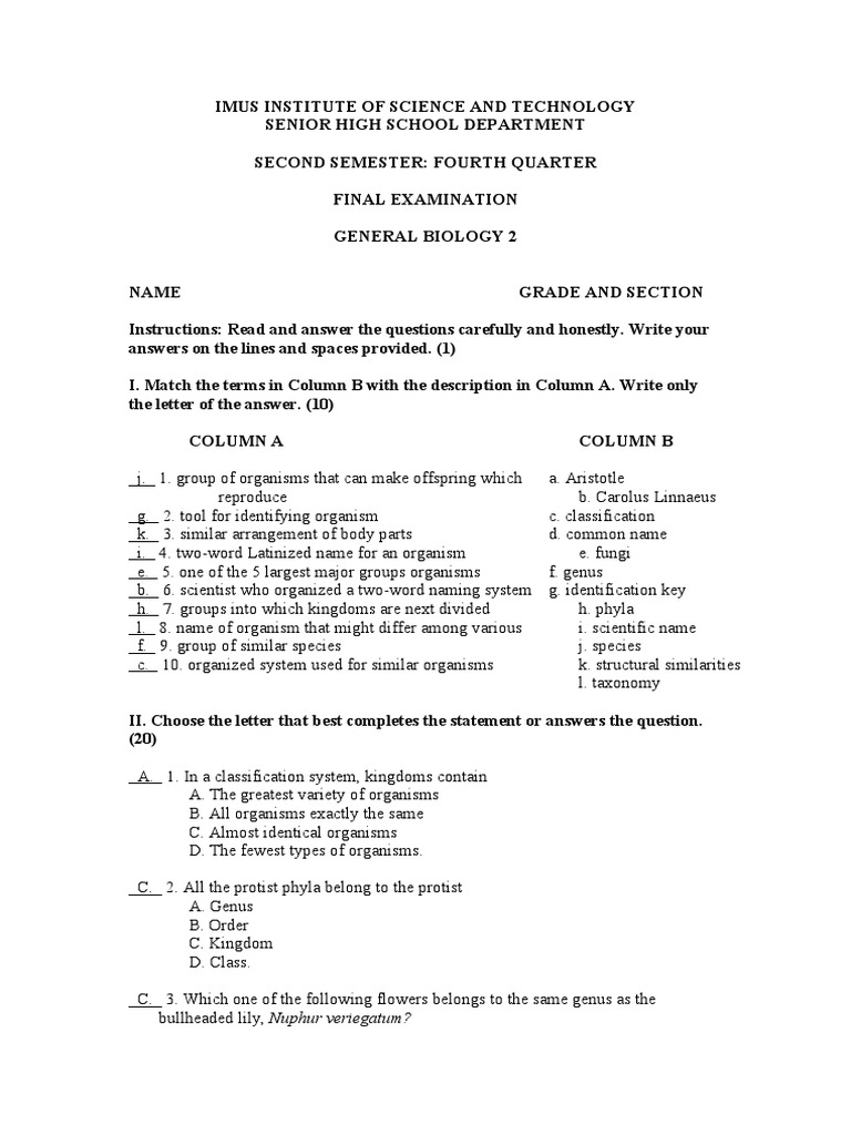 2021-2022 Final Exam General Biology 2 | PDF | Germination | Seed