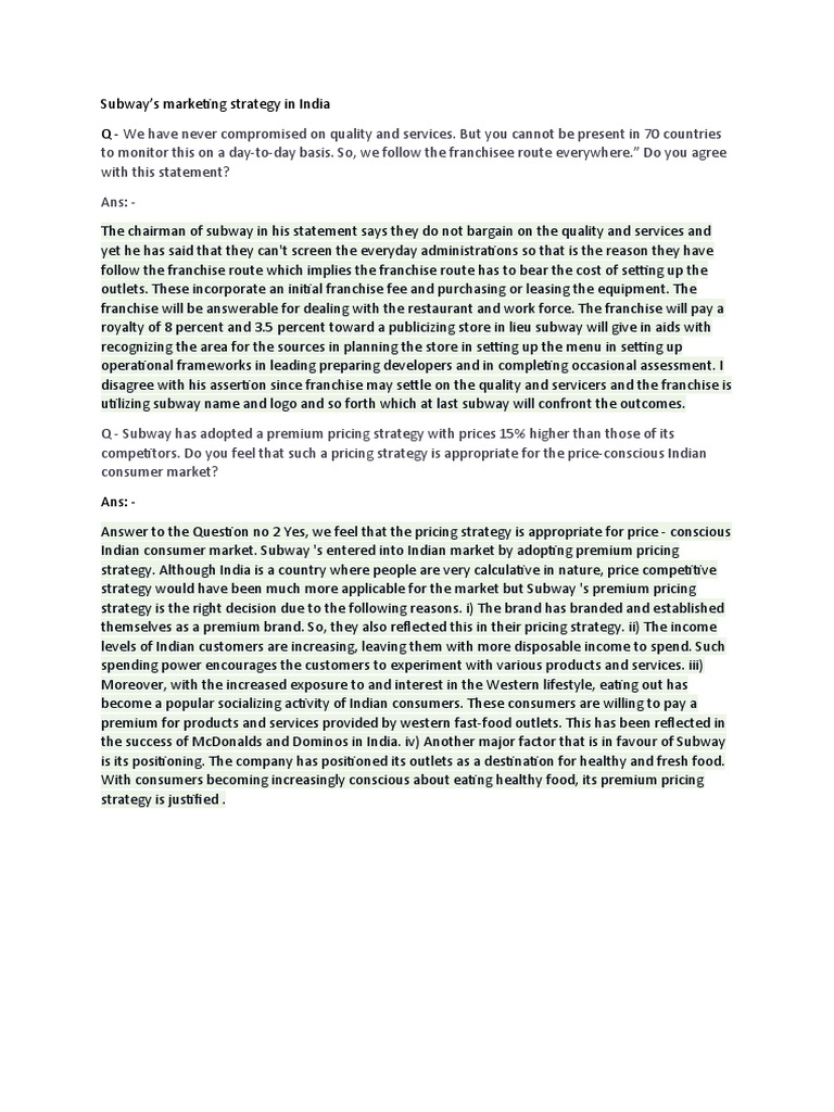 Justifying Subway's Franchise Model and Premium Pricing Strategy for ...