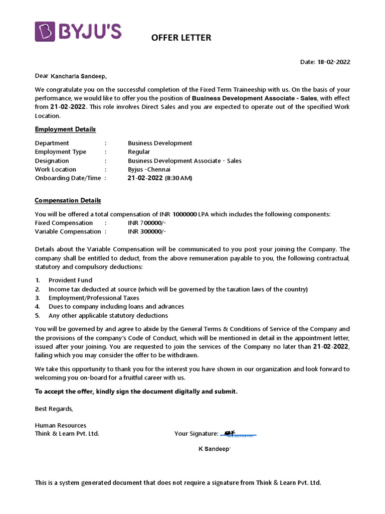 A Promising Future: Offer Letter for Business Development Associate ...