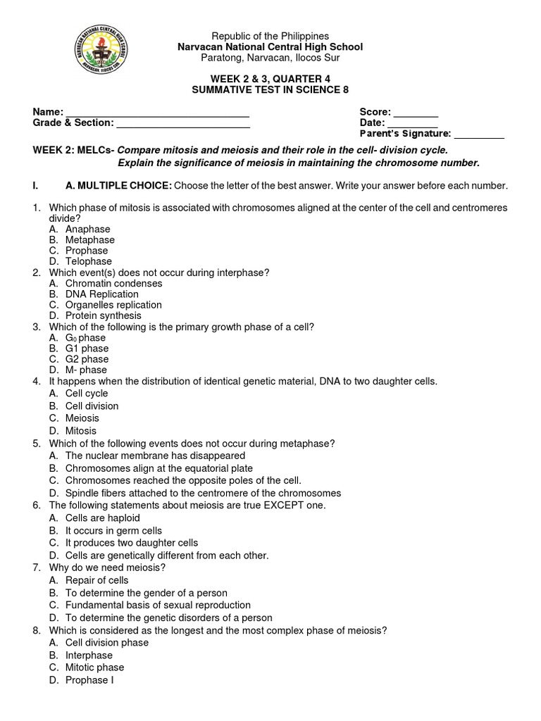 Genetics and Cell Division Test | PDF | Meiosis | Mitosis