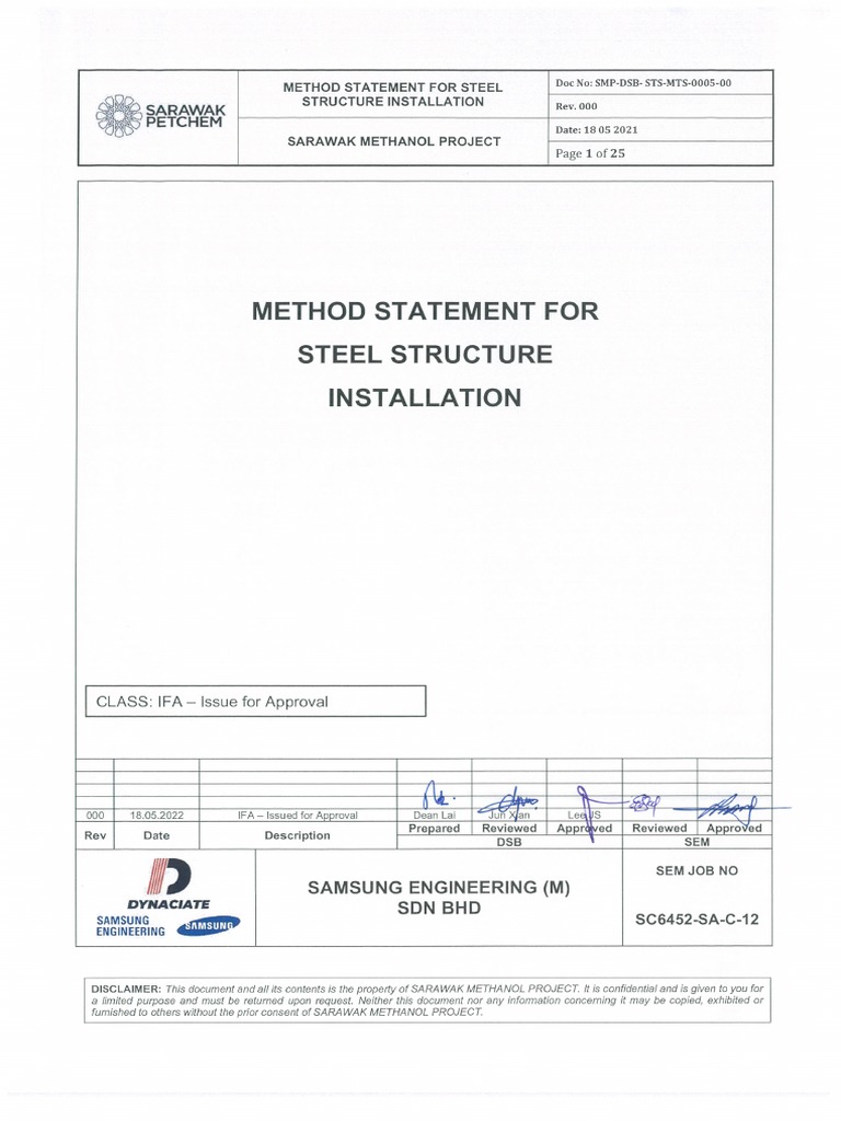 Method Statement of Steel Structure Installation | PDF
