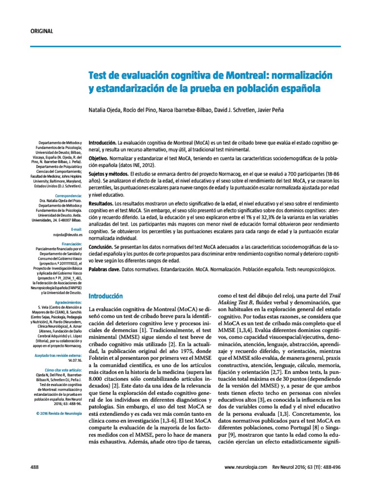 Test de Evaluación Cognitiva de Montreal Normalización | PDF | Cognición