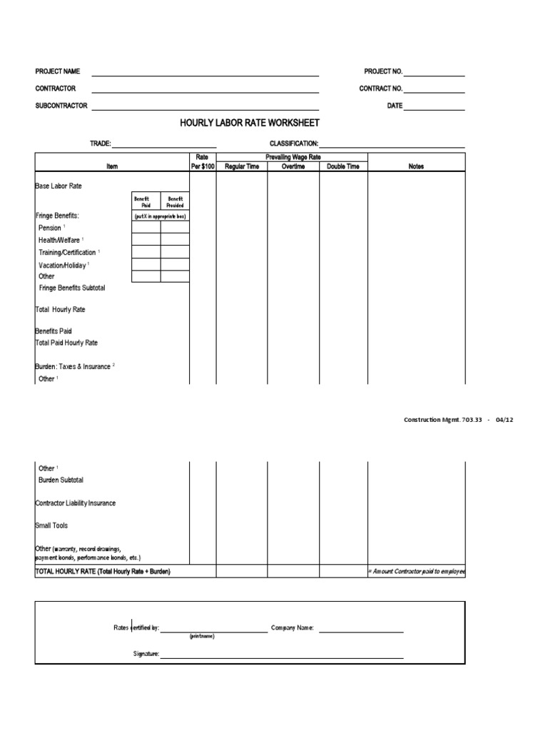 Hourly Labor Rate Worksheet: Project Name Project No. Contractor ...