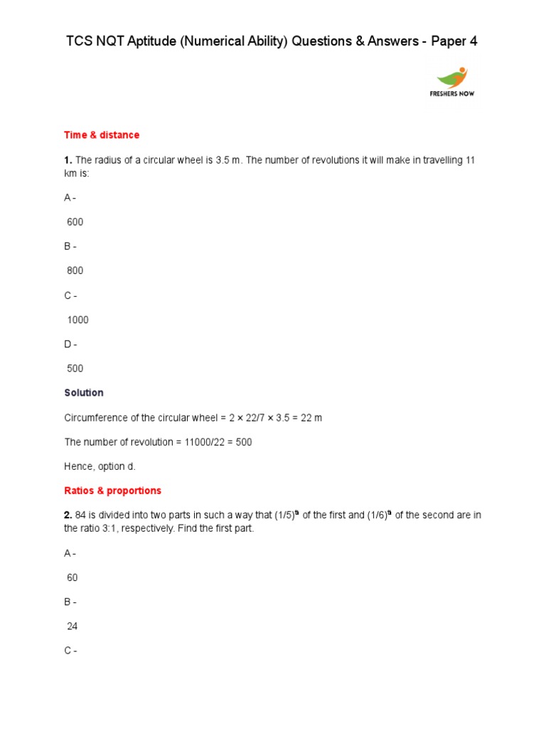 TCS NQT Aptitude (Numerical Ability) Questions & Answers - Paper 4 | Download Free PDF | Numbers ...