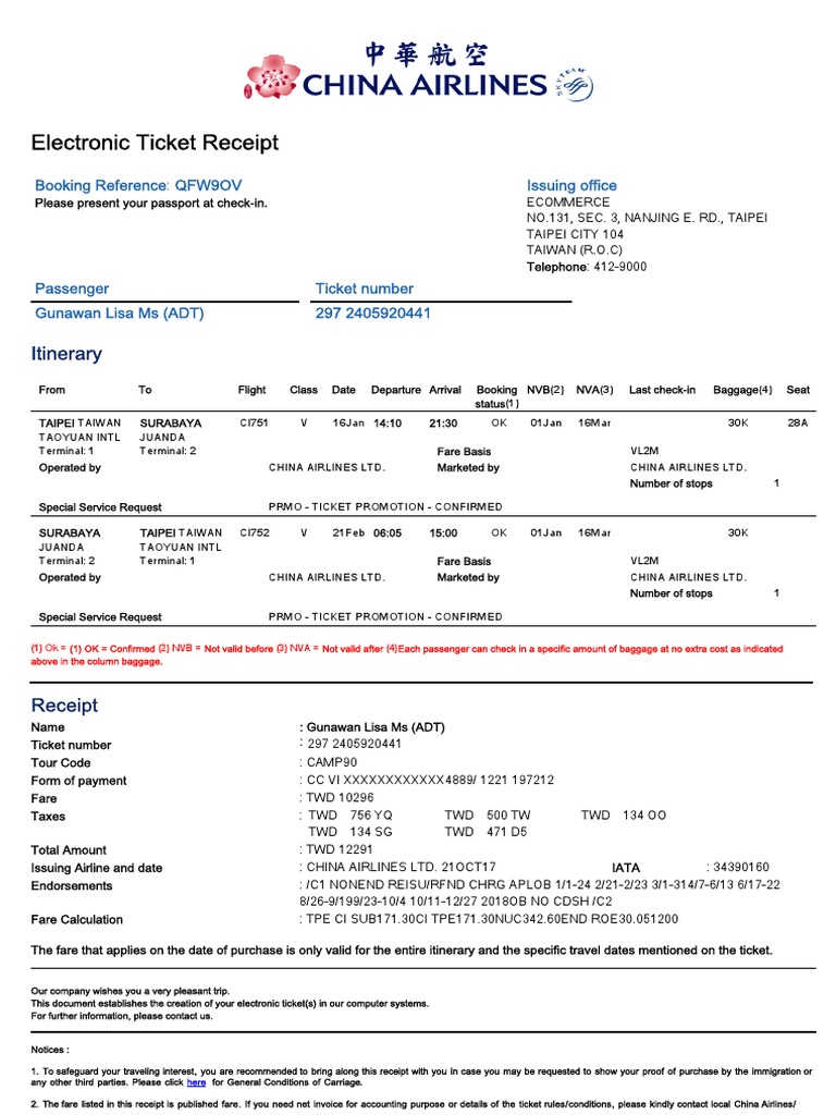China Airlines Electronic Ticket Receipt | PDF | Business Class | Baggage