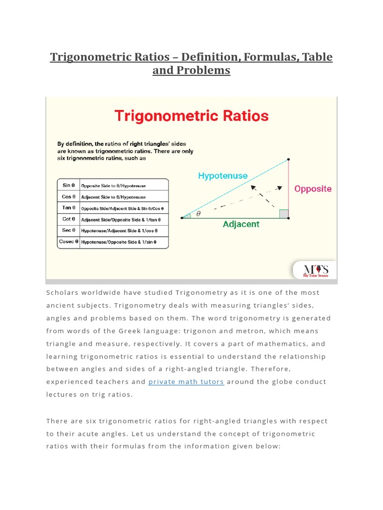 Trigonometric Ratios Definition, Formulas Table and Problems | PDF ...