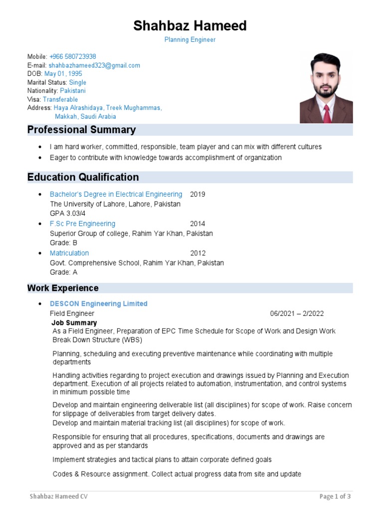 Shahbaz Hameed CV Planning Engineer | PDF | Engineer | Warehouse