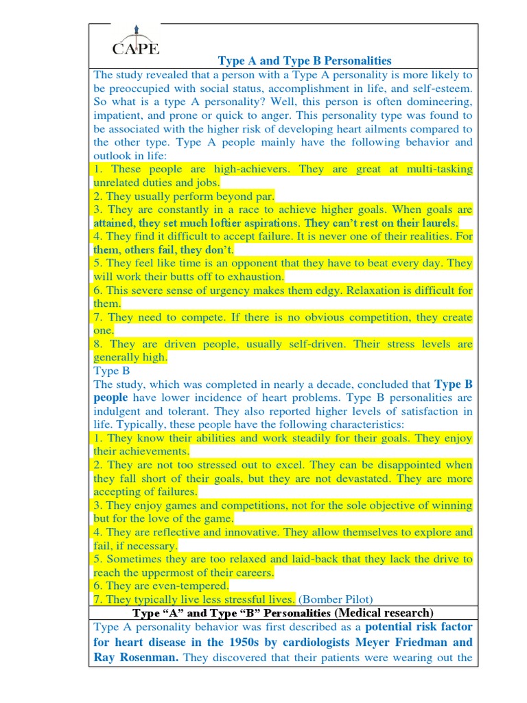 Type A and B Personality Differences | PDF | Psychology | Psychological ...