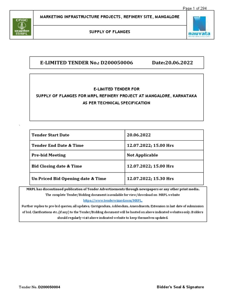 Flanges Supply Tender for MRPL Mangalore | PDF | Taxes | Prices