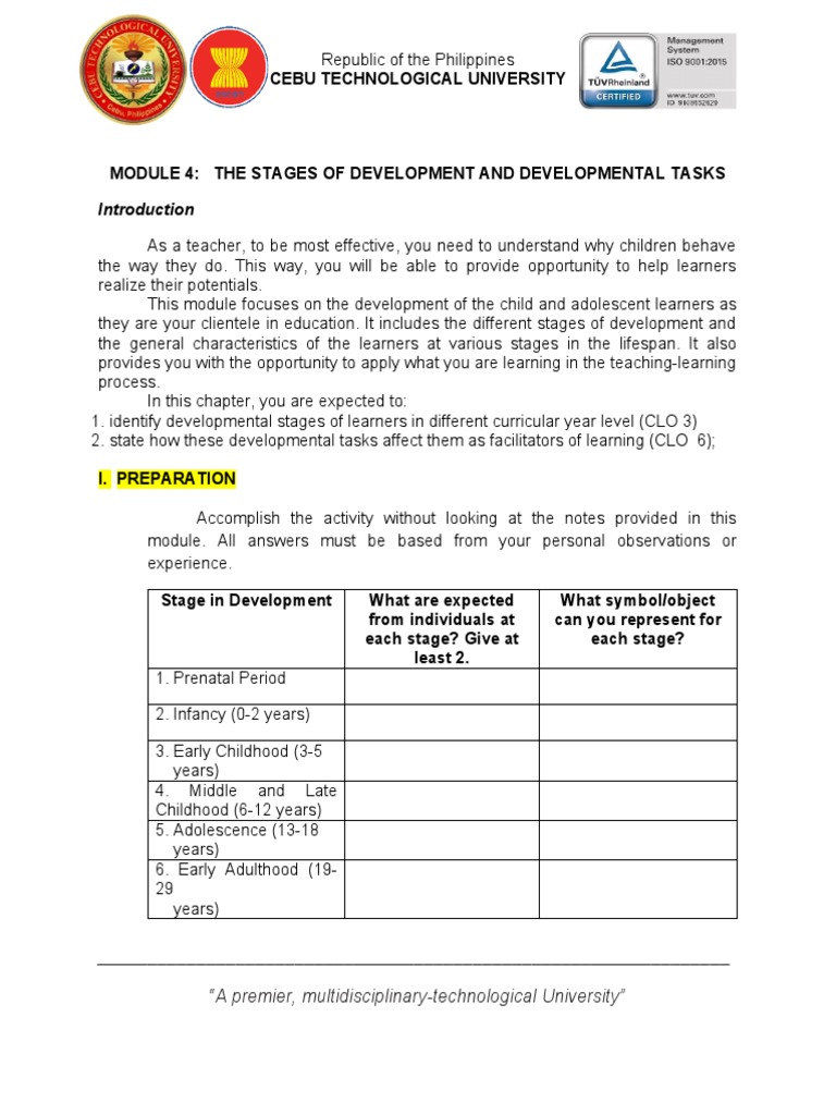 Module 4-Developmental Tasks | PDF | Puberty | Developmental Psychology