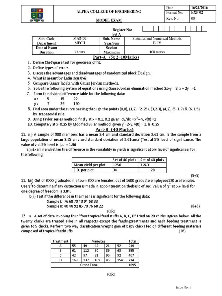 MA8452 QP Model Exam 2 - SNM Set A | PDF | Standard Deviation | Errors And Residuals