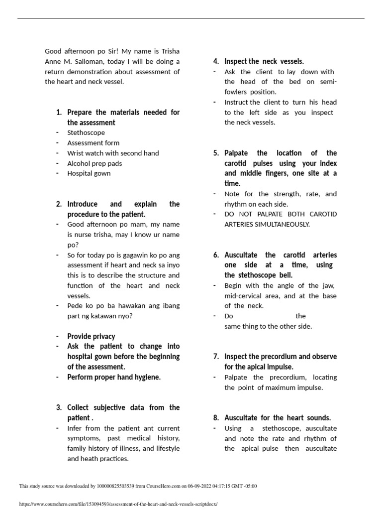 Assessment of The Heart and Neck Vessels Script | PDF | Heart | Health ...
