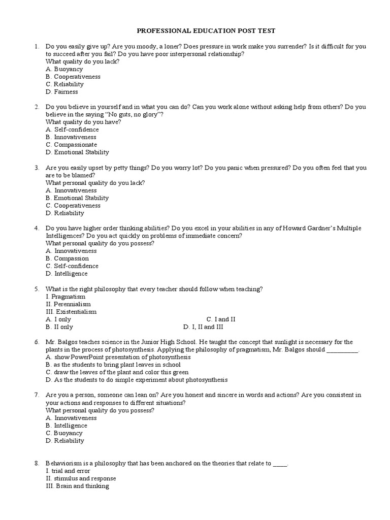 Professional Education Post Test | PDF | Curriculum | Educational ...