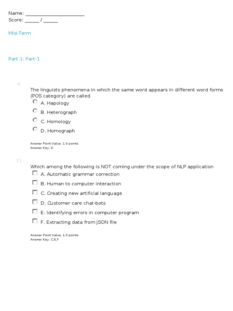 Mid-Term: Answer Point Value: 1.0 Points Answer Key: D | Download Free PDF | Morphology ...