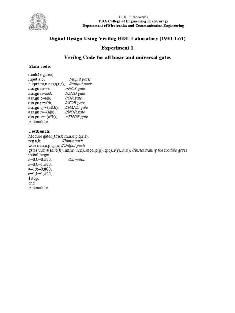 Verilog HDL Lab Codes | PDF | Electrical Engineering | Electrical Circuits