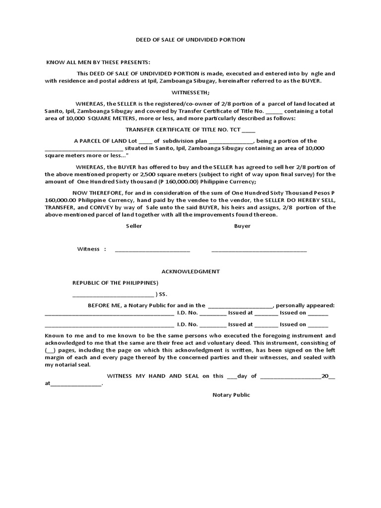 sampleDEED OF SALE OF UNDIVIDED PORTION | PDF | Deed | Urban