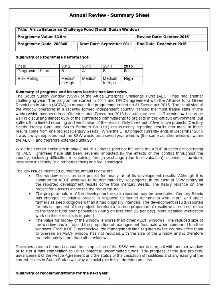 Annual Review - Summary Sheet | PDF | Agriculture | Risk