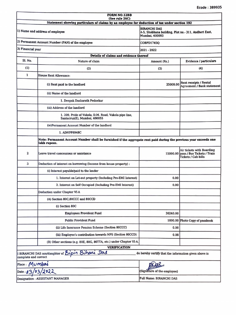 Form 12BB | Download Free PDF | Interest | Personal Finance