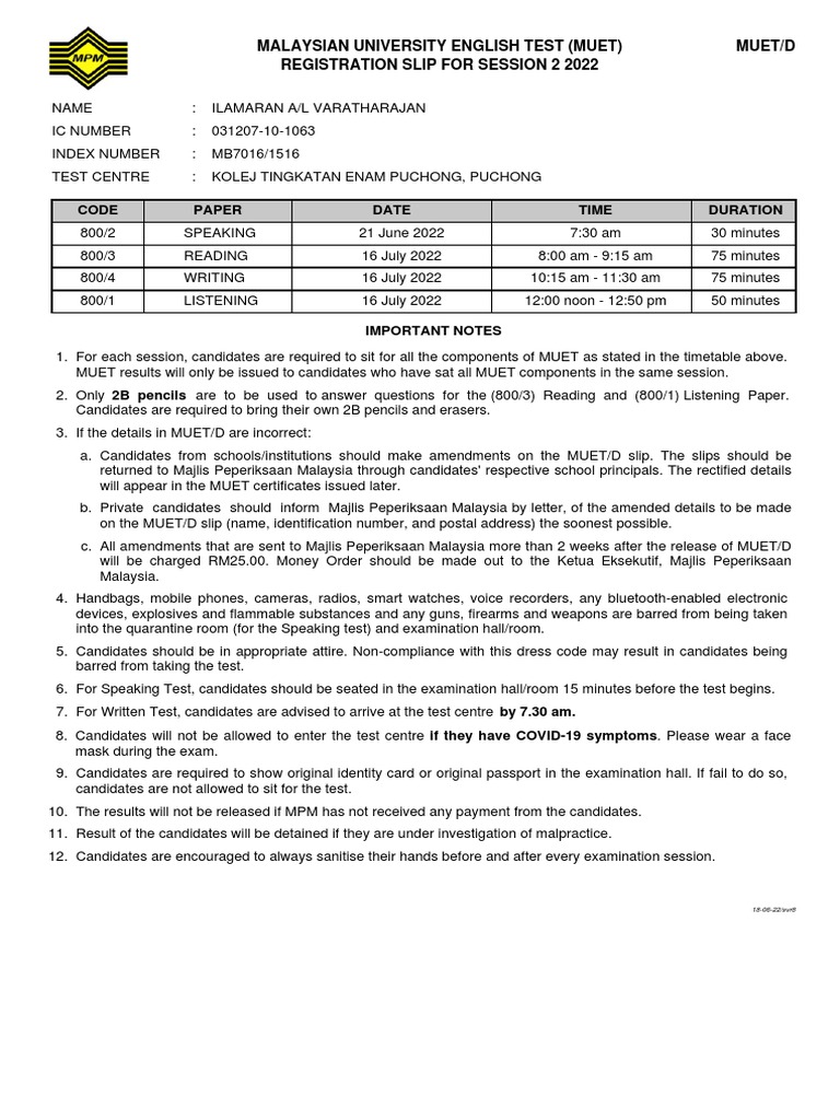 Code Paper Date Time Duration: Malaysian University English Test (Muet ...
