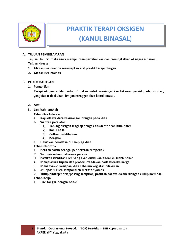 SOP Praktikum Terapi Oksigen | PDF