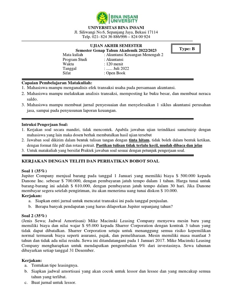 Soal+UAS+AKM2+AK&AKT20B | PDF | Pengelolaan Keuangan & Uang