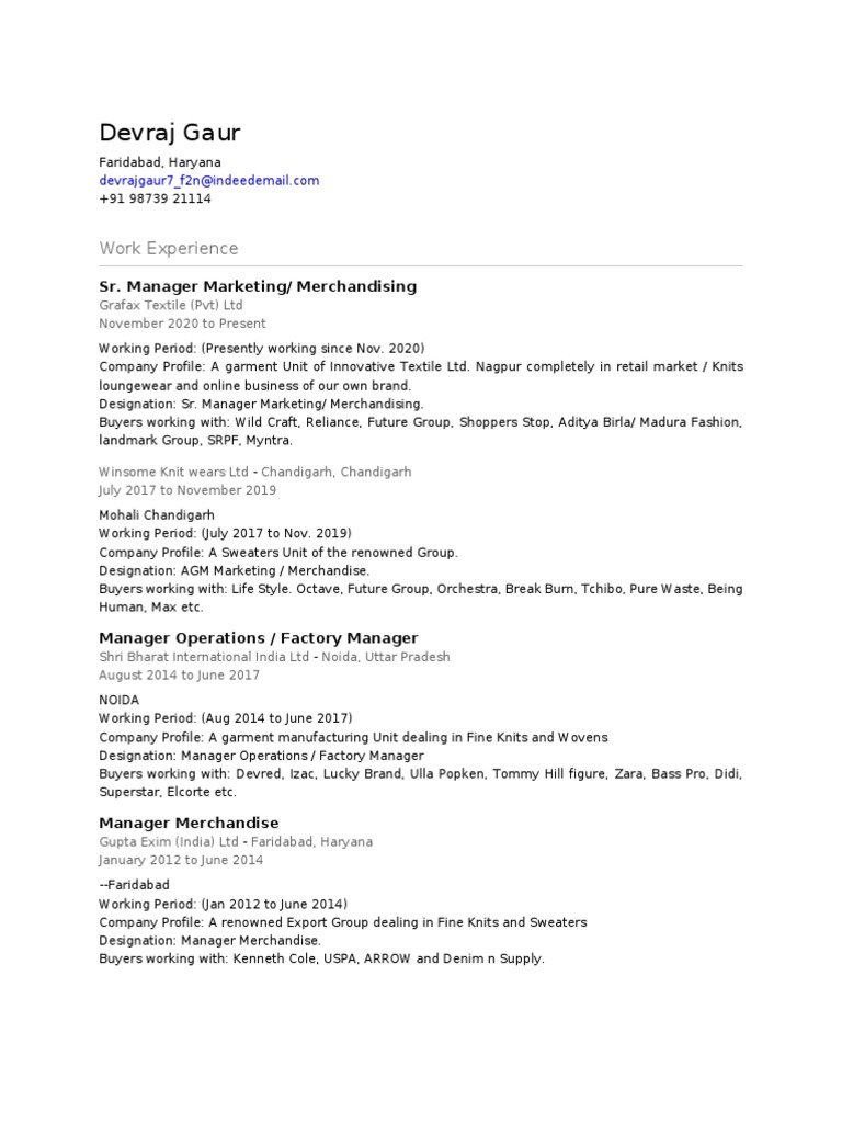 Devraj Gaur: Work Experience | PDF | Clothing