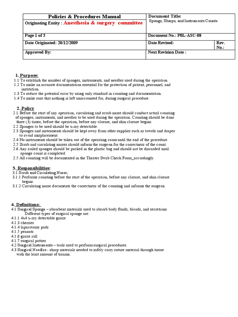 counting of sponge, sharps and instruments | PDF | Surgery | Surgical ...