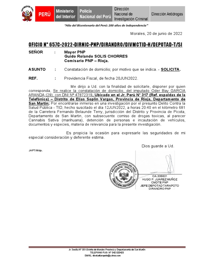 Oficio A Comisaria PNP Rioja - San Martin | PDF