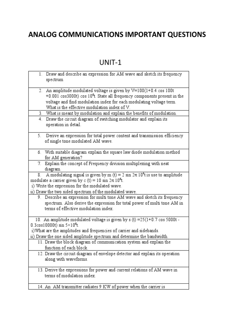 Analog Important Questions | PDF | Frequency Modulation | Detector (Radio)