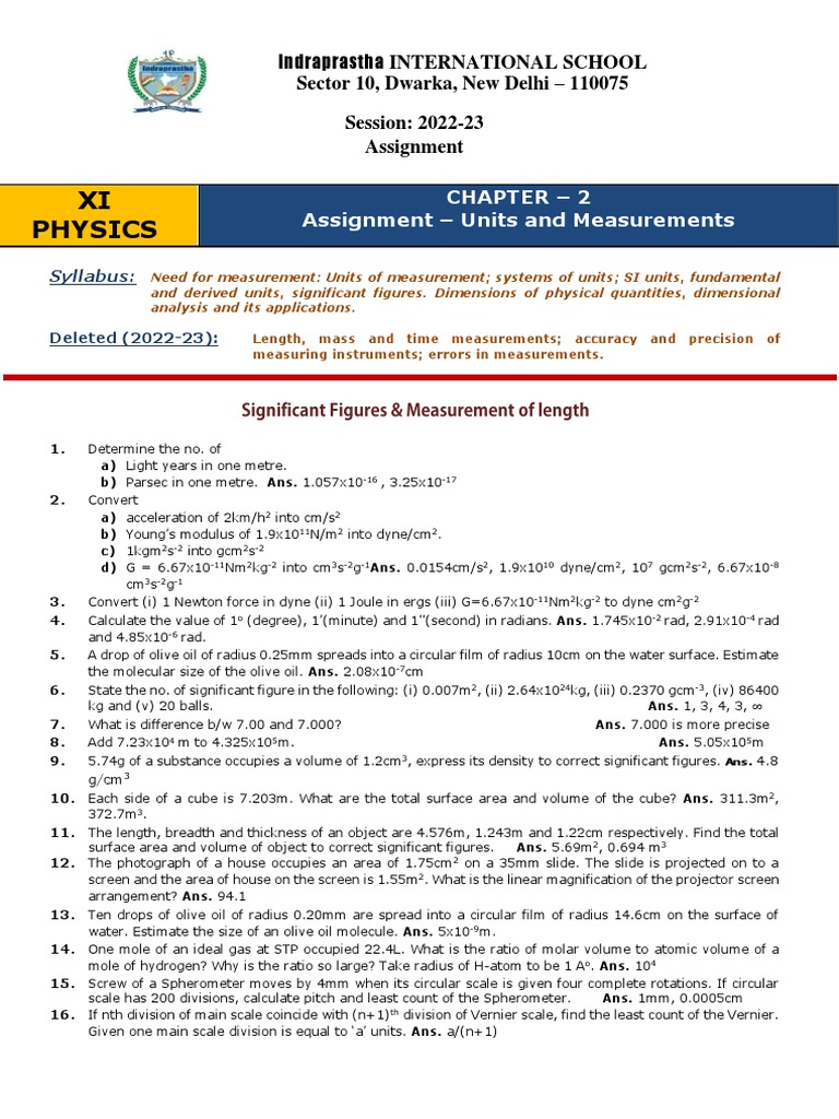 XI Physics: Chapter - 2 Assignment - Units and Measurements | PDF | Acceleration | Velocity